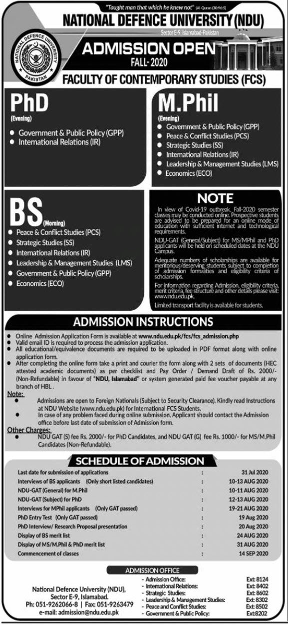 National Defence University NDU Islamabad Admission 2020 Apply Online