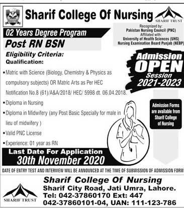 Sharif College Of Nursing SCN Lahore Admission 2021 Fee Structure