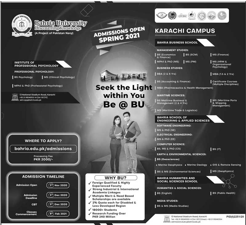 Bahria University Karachi Admission 2021 Fee Structure - bahria.edu.pk
