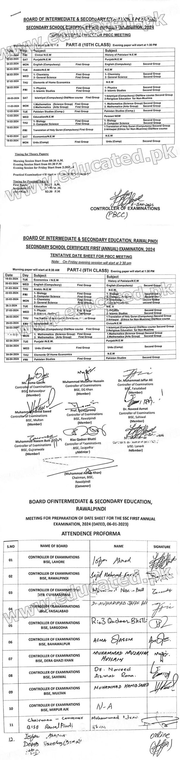 10th Class Date Sheet 2024 For All Punjab Boards