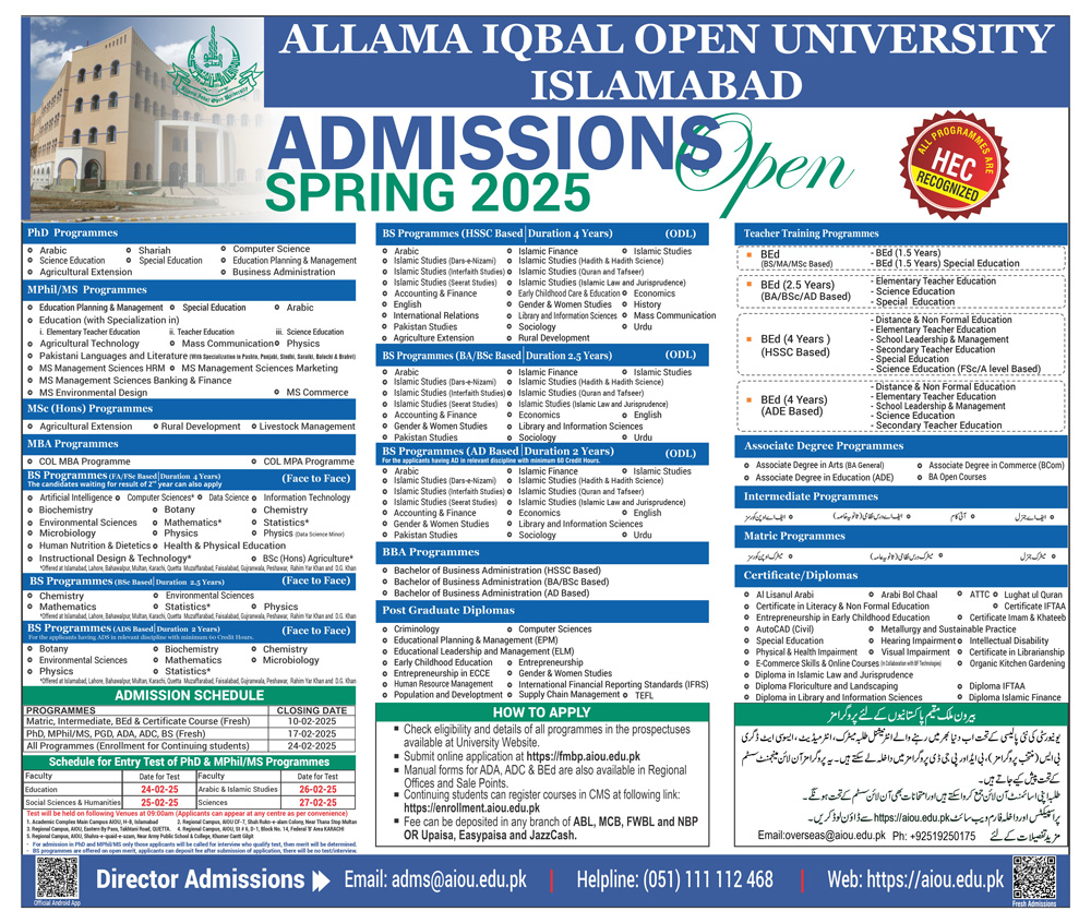 Aiou Admission 2025 Matric Fa Ba Bs Bsc Apply Online