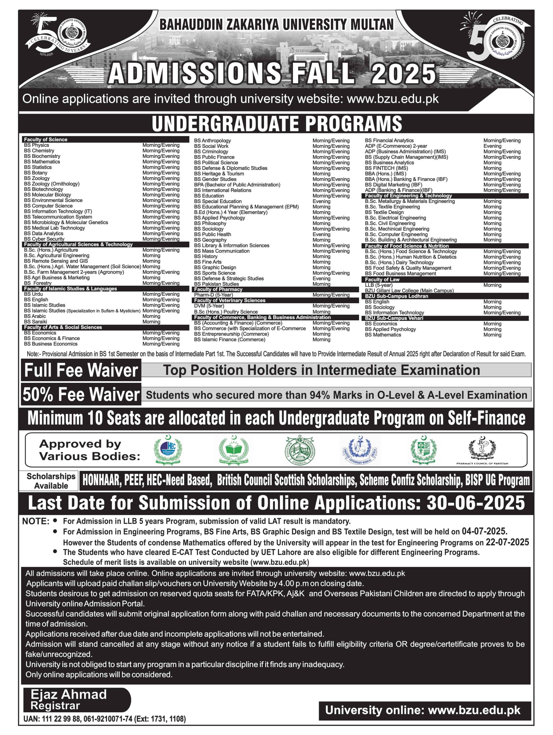 BZU Online Admission 2025 Last Date Private & Regular